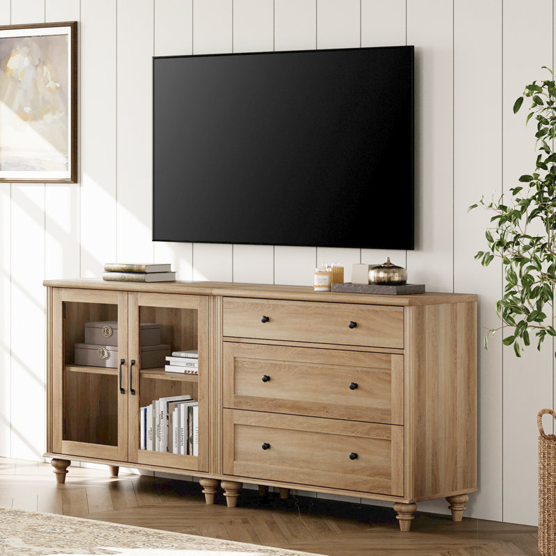 TV Stand for 75 inch TV Wood TV Cabinet Entertainment Center television Stands for Living Room 2 in 1 Sideboard Buffet Cabinet with Glass Door